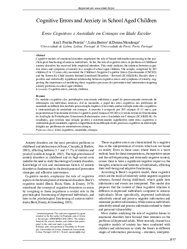 (PDF) Cognitive errors and anxiety in school aged children