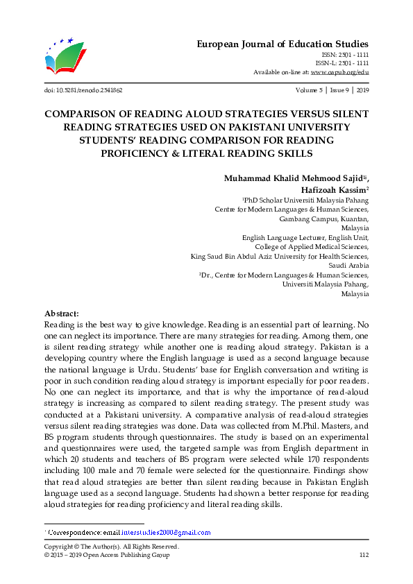 (PDF) COMPARISON OF READING ALOUD STRATEGIES VERSUS SILENT READING ...