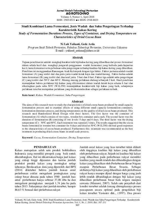 (PDF) Studi Kombinasi Lama Fermentasi, Jenis Wadah dan Suhu Pengeringan ...