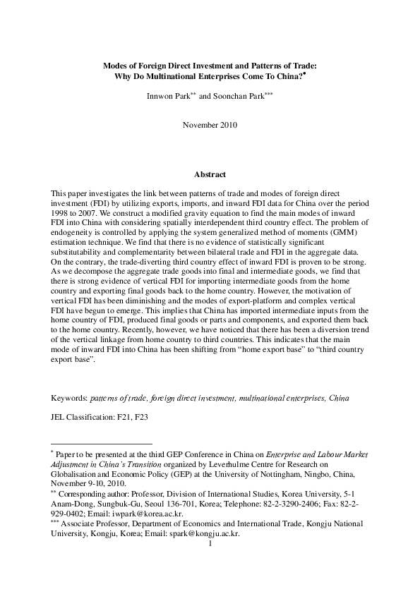 (PDF) Modes of Foreign Direct Investment and Patterns of Trade: An Alternative Empirical ...