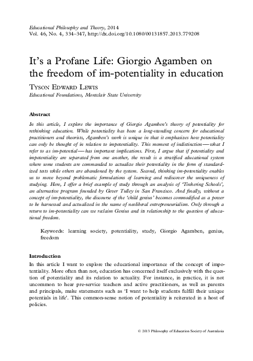 (PDF) It's a Profane Life: Giorgio Agamben on the freedom of im ...