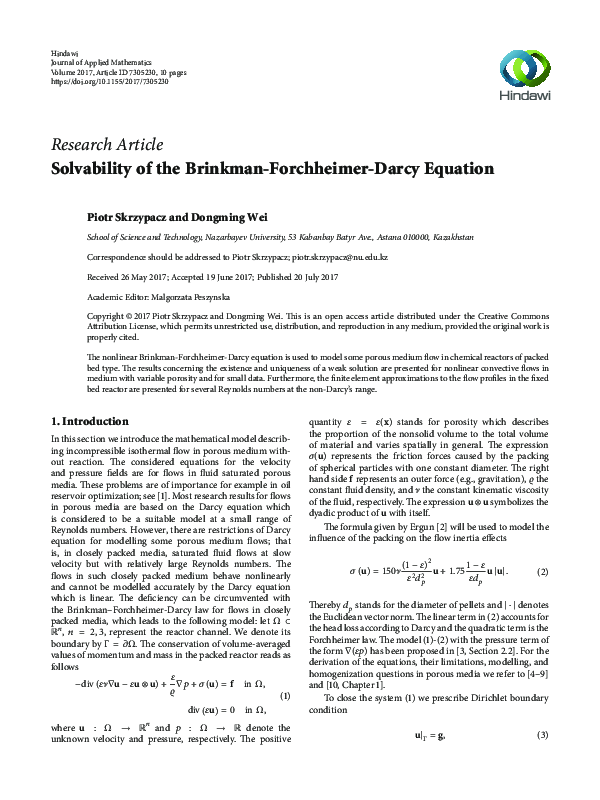 (PDF) Solvability of the Brinkman-Forchheimer-Darcy Equation