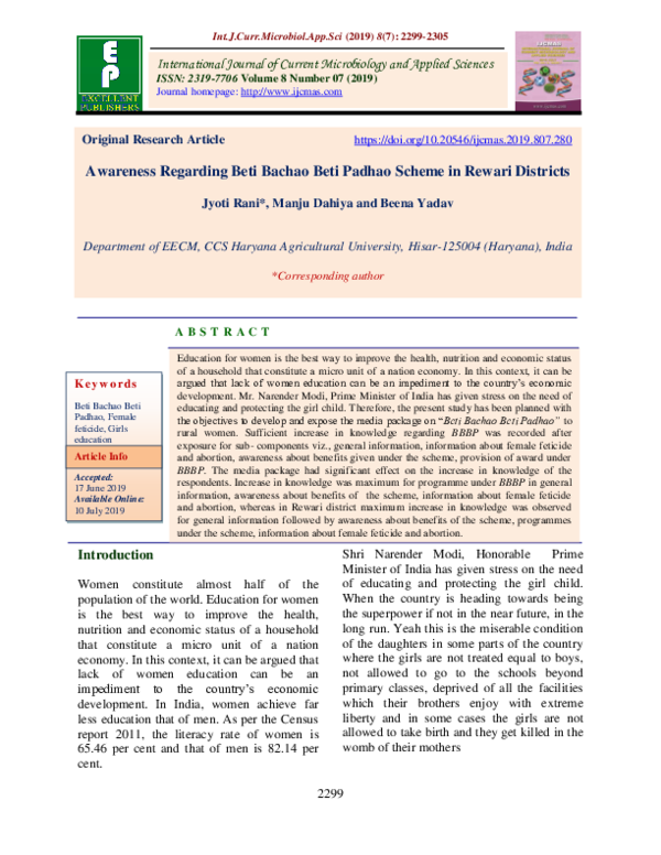 (PDF) Awareness Regarding Beti Bachao Beti Padhao Scheme in Rewari ...
