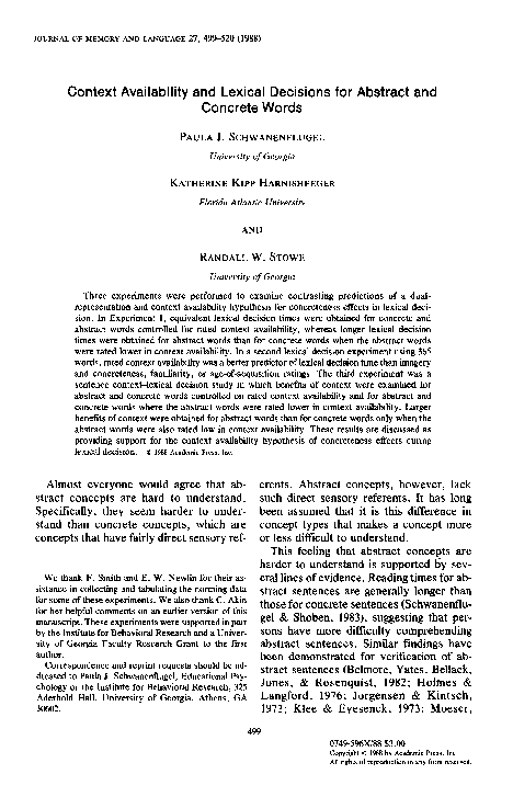(PDF) Context availability and lexical decisions for abstract and concrete words*1