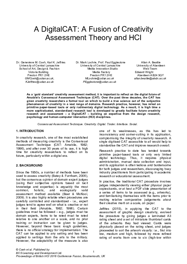 (PDF) A DigitalCAT: A Fusion of Creativity Assessment Theory and HCI