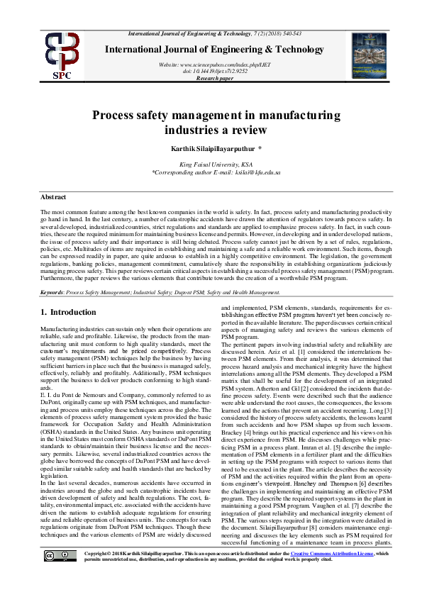 (PDF) Process safety management in manufacturing industries a review