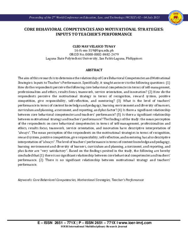 (PDF) CORE BEHAVIORAL COMPETENCIES AND MOTIVATIONAL STRATEGIES: INPUTS TO TEACHER'S PERFORMANCE