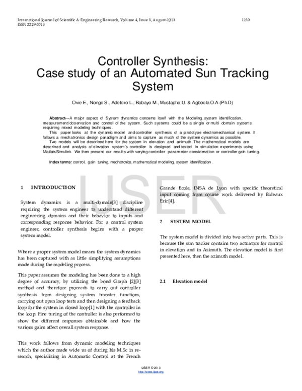 (PDF) Controller Synthesis: Case study of an Automated Sun Tracking System