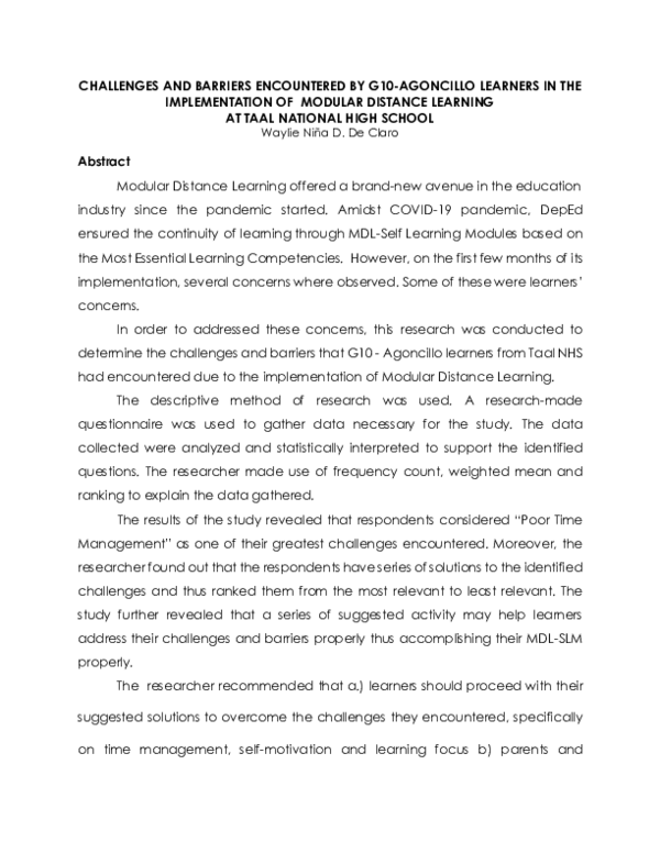 (PDF) CHALLENGES AND BARRIERS ENCOUNTERED BY G10-AGONCILLO LEARNERS IN ...