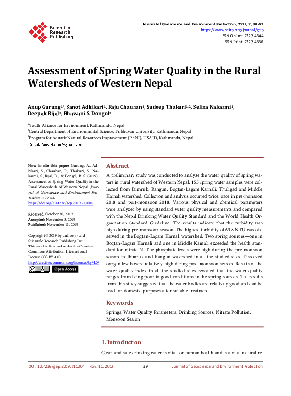 (PDF) Assessment of Spring Water Quality in the Rural Watersheds of ...