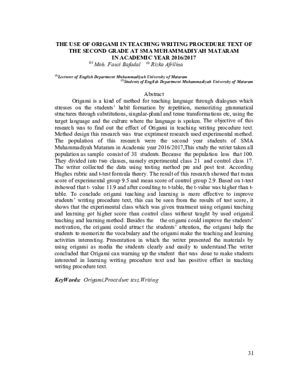 (PDF) The Use of Origami in Teaching Writing Procedure text of the ...