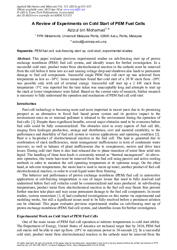 (PDF) A Review of Experiments on Cold Start of PEM Fuel Cells