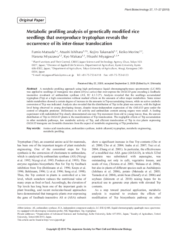 (PDF) Metabolic profiling analysis of genetically modified rice ...