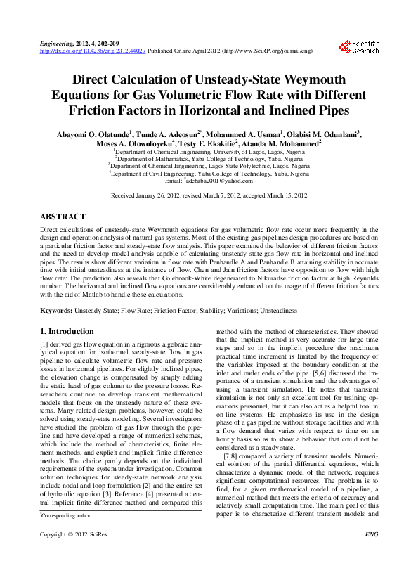 (PDF) Direct Calculation of Unsteady-State Weymouth Equations for Gas Volumetric Flow Rate with ...