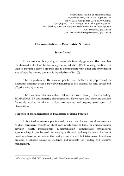 (PDF) Documentation in Psychiatric Nursing