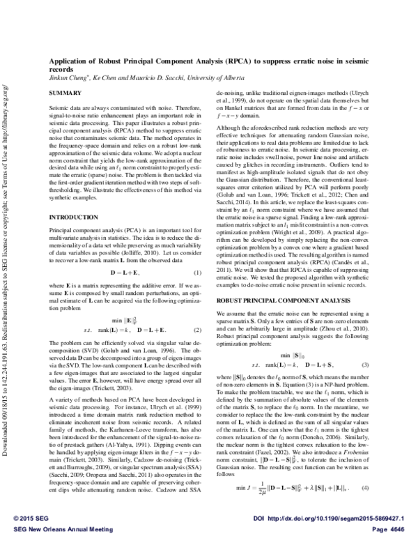 (PDF) Application of Robust Principal Component Analysis to Seismic Data Processing