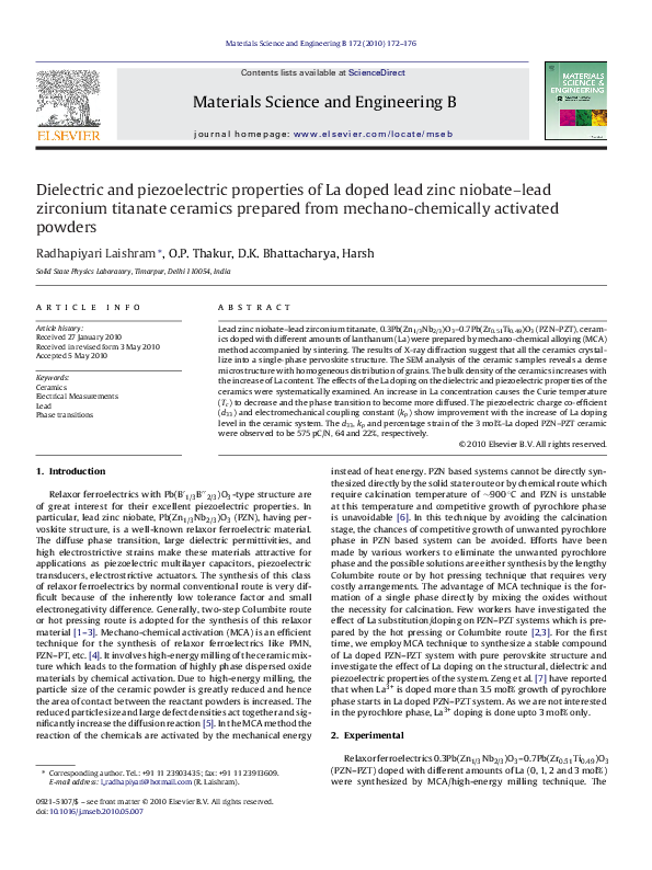 (PDF) Dielectric and piezoelectric properties of La doped lead zinc ...