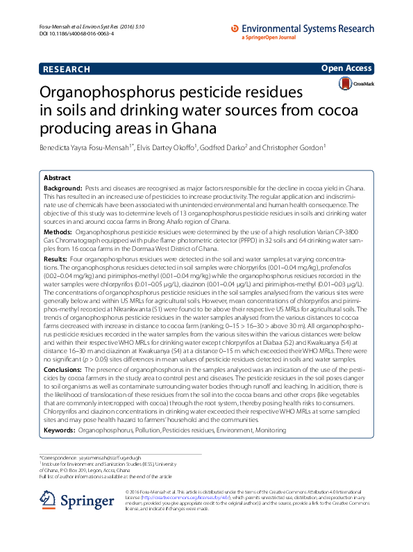(PDF) Organophosphorus pesticide residues in soils and drinking water sources from cocoa ...
