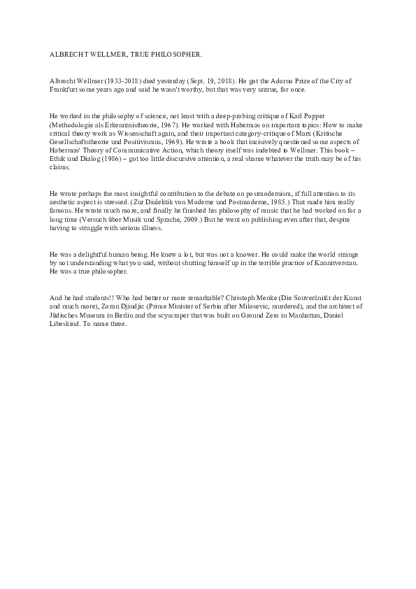 (DOC) Albrecht Wellmer – True Philosopher