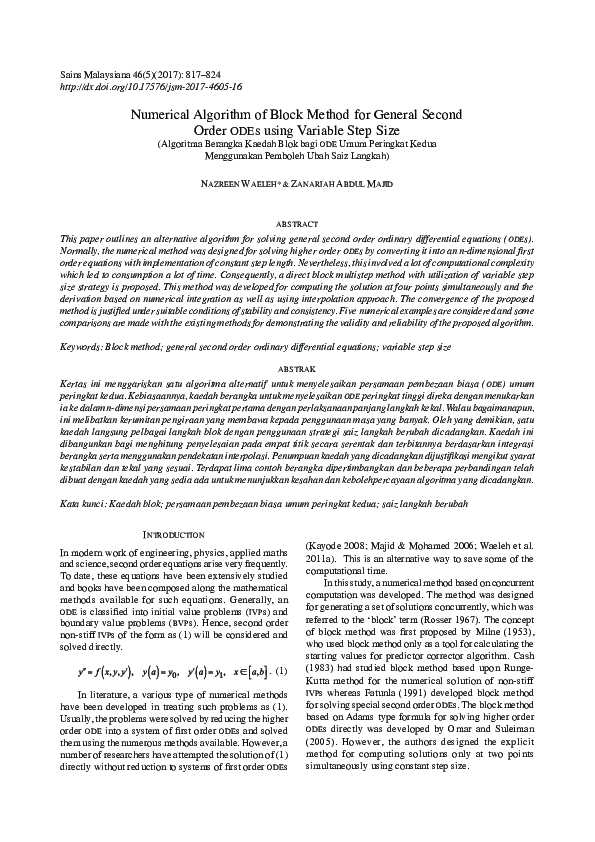 Pdf Numerical Algorithm Of Block Method For General Second Order Odes Using Variable Step Size