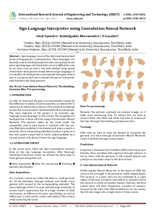 (PDF) IRJET- Sign Language Interpreter using Convolution Neural Network