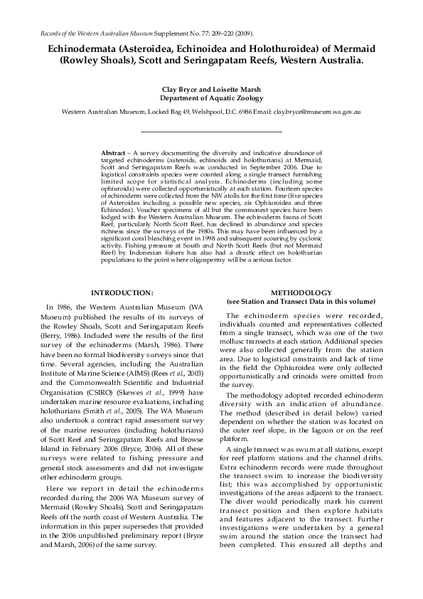 (PDF) Echinodermata (Asteroidea, Echinoidea and Holothuroidea) of ...