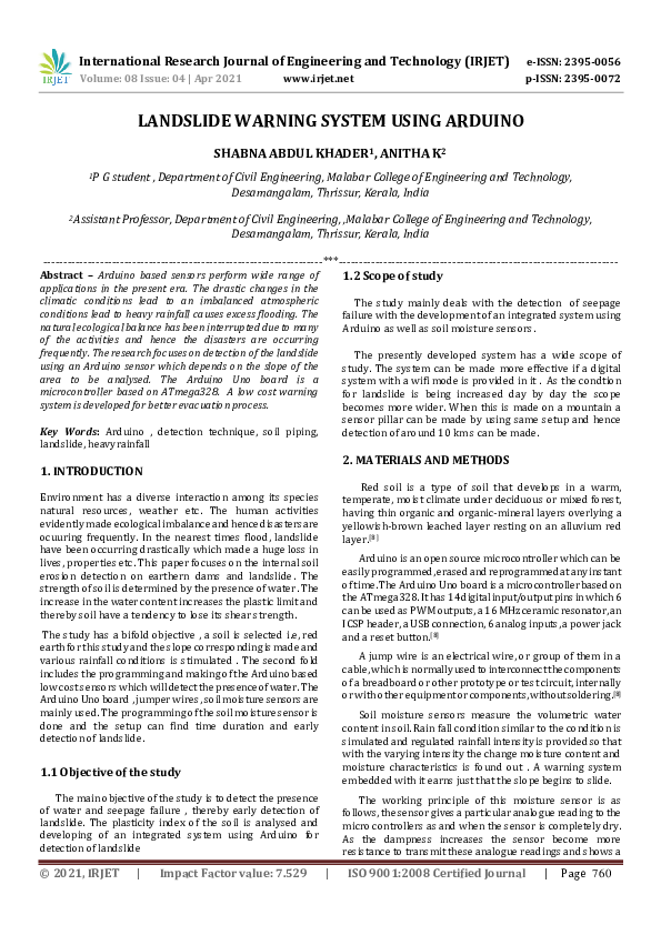 Pdf Irjet Landslide Warning System Using Arduino 