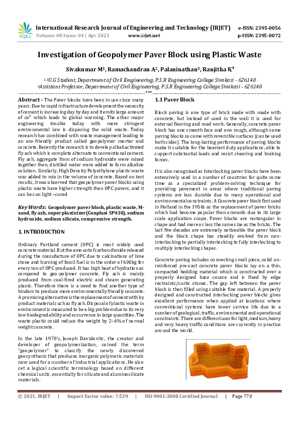 (PDF) IRJET- Investigation of Geopolymer Paver Block using Plastic Waste
