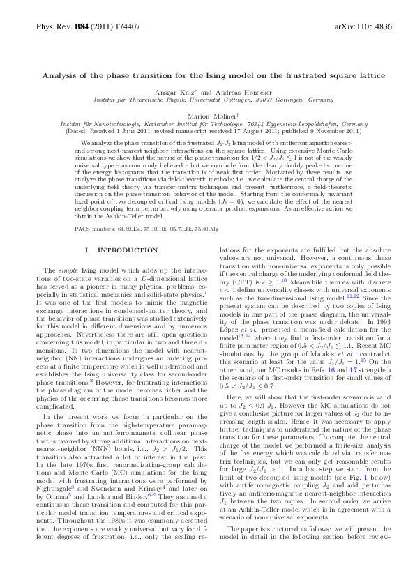 (PDF) Analysis of the phase transition for the Ising model on the frustrated square lattice