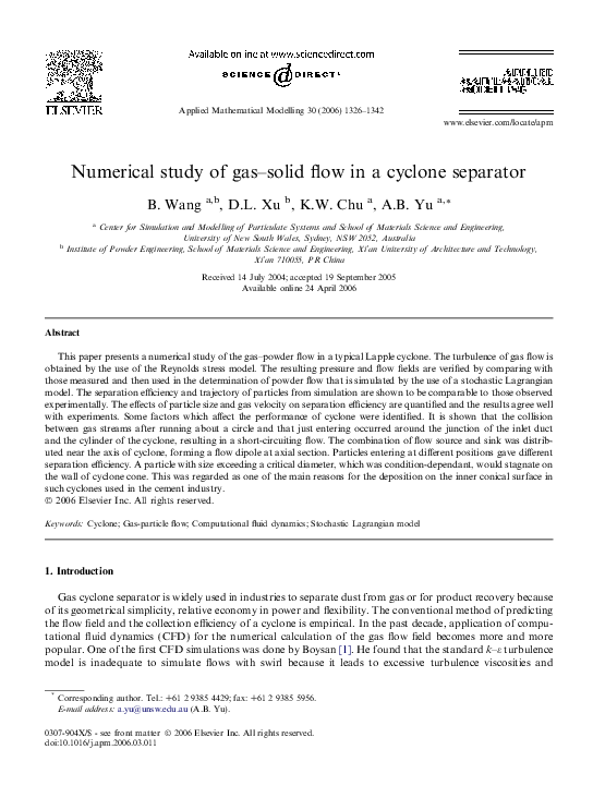 (PDF) Numerical study of gas–solid flow in a cyclone separator