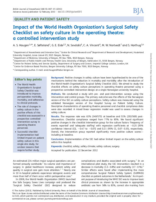 (PDF) Impact of the World Health Organization's Surgical Safety ...