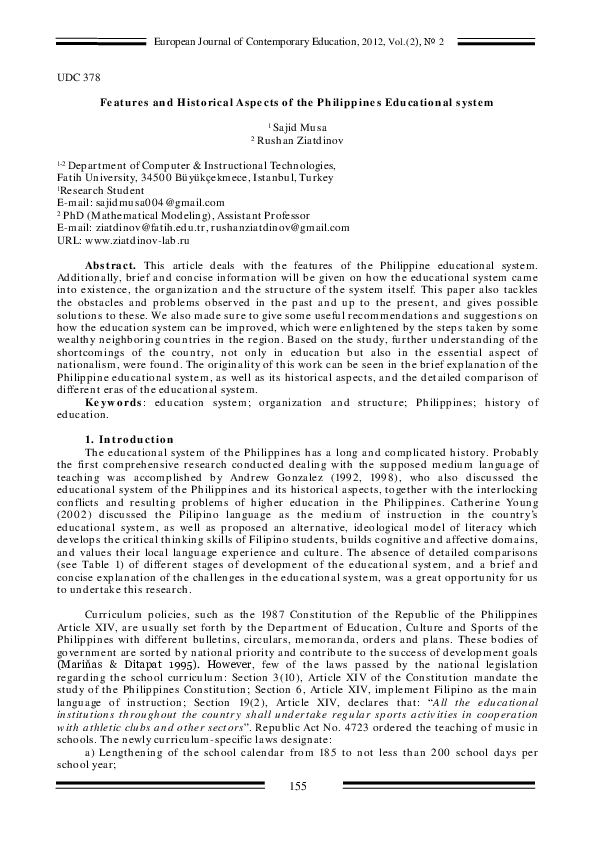 (PDF) Features and Historical Aspects of the Philippines Educational system