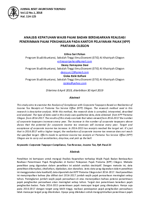 (PDF) Analisis Kepatuhan Wajib Pajak Badan Berdasarkan Realisasi ...