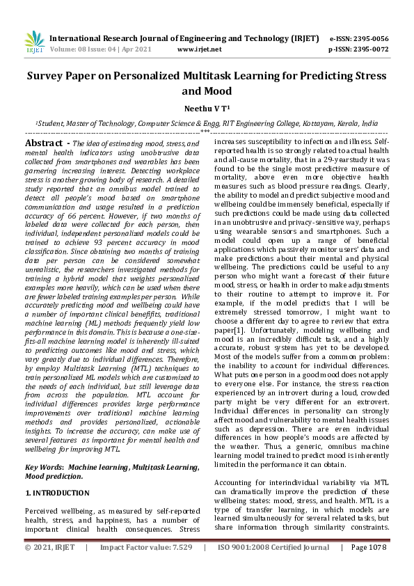 IRJET- Survey Paper on Personalized Multitask Learning for Predicting ...
