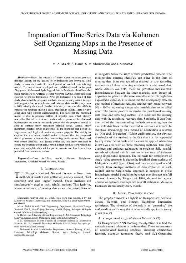 Pdf Imputation Of Time Series Data Via Kohonen Self Organizing Maps In The Presence Of Missing