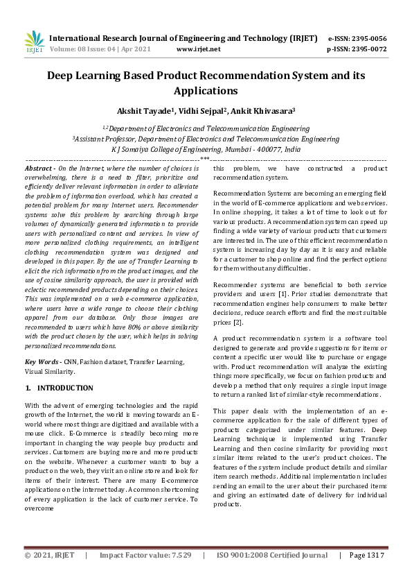 (PDF) Deep Learning Based Product Recommendation System and its Applications