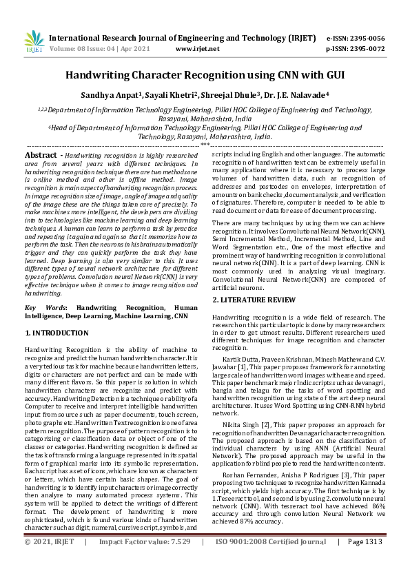 (PDF) Handwriting Character Recognition using CNN with GUI