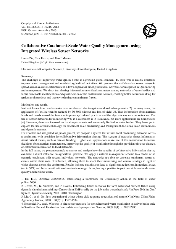 (PDF) Collaborative Catchment-Scale Water Quality Management using Integrated Wireless Sensor ...