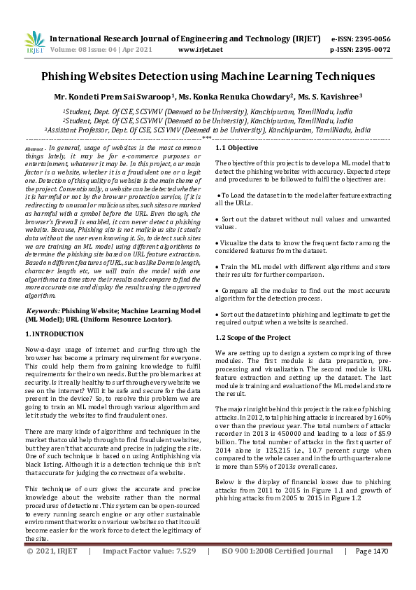 (PDF) IRJET- Phishing Websites Detection using Machine Learning Techniques