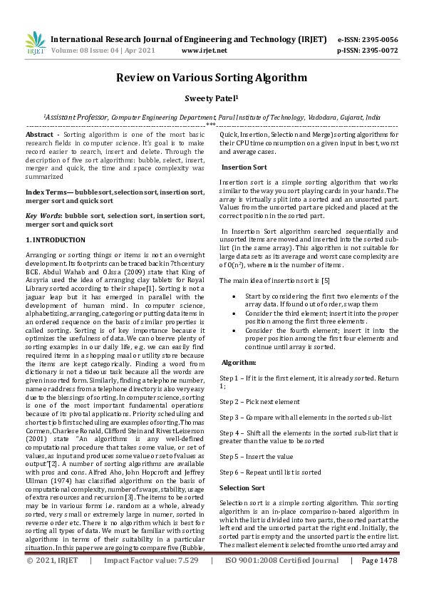 (PDF) IRJET- Review on Various Sorting Algorithm (PDF) IRJET- Review on Various Sorting Algorithm