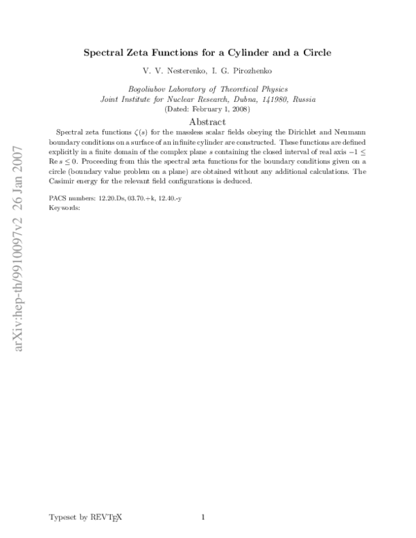 Pdf Spectral Zeta Functions For A Cylinder And A Circle
