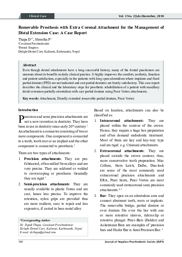 (PDF) Removable Prosthesis with Extra Coronal Attachment for the ...