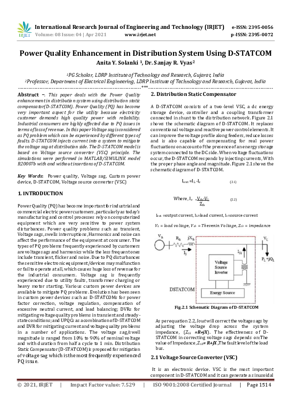 (PDF) IRJET- Power Quality Enhancement in Distribution System Using D-STATCOM