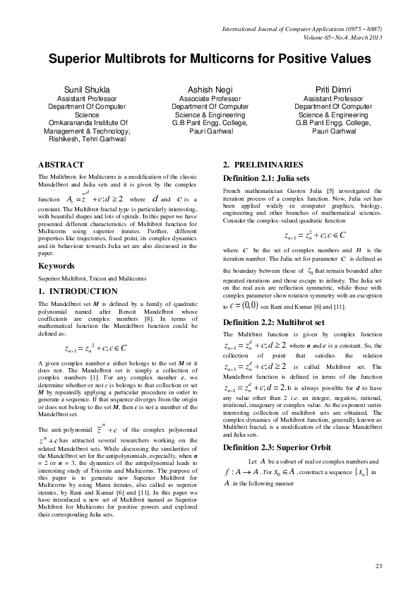 (PDF) Superior Multibrots for Multicorns for Positive Values