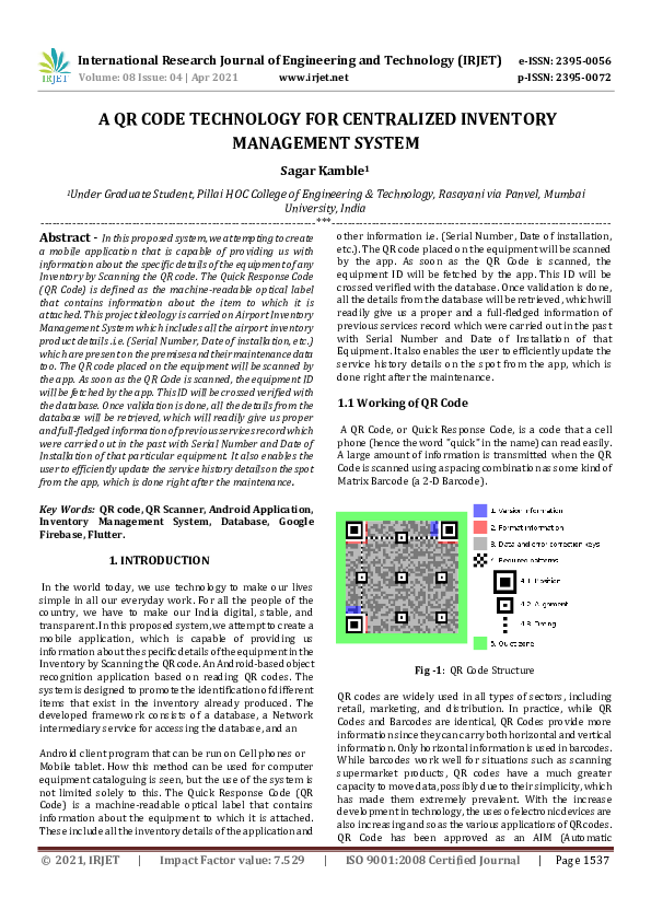 (PDF) IRJET- A QR CODE TECHNOLOGY FOR CENTRALIZED INVENTORY MANAGEMENT ...