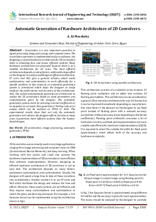 (PDF) IRJET- Automatic Generation of Hardware Architecture of 2D Convolvers