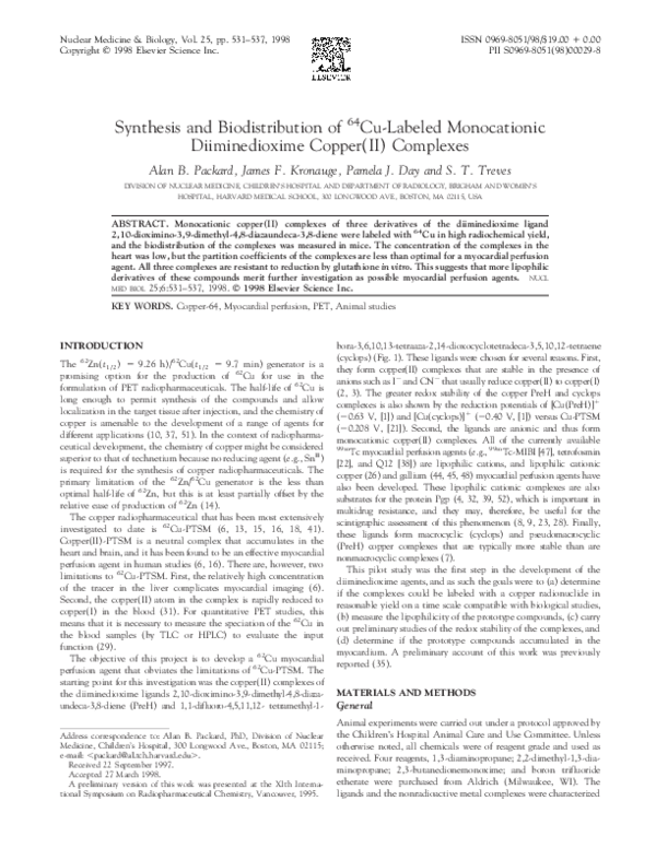 (PDF) Synthesis and biodistribution of 64Cu-labeled monocationic diiminedioxime copper(II ...
