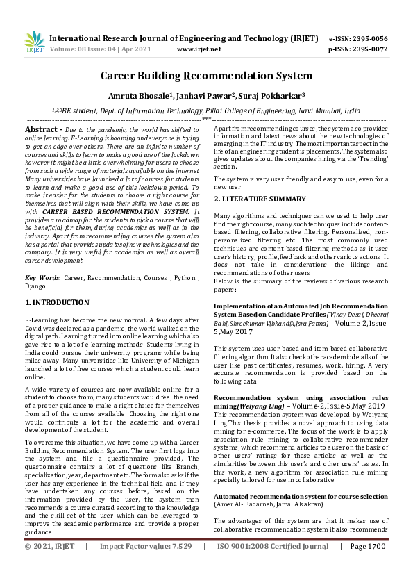 (PDF) IRJET- Career Building Recommendation System