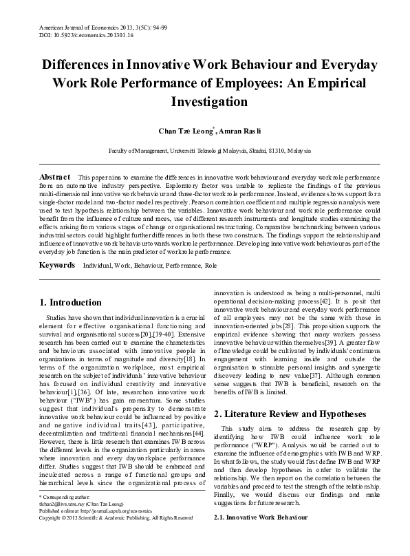 (PDF) Differences in Innovative Work Behaviour and Everyday Work Role Performance of Employees ...