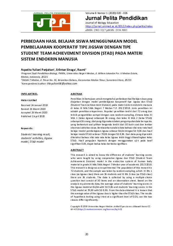 (PDF) Perbedaan Hasil Belajar Siswa Menggunakan Model Pembelajaran Kooperatif Tipe Jigsaw Dengan ...